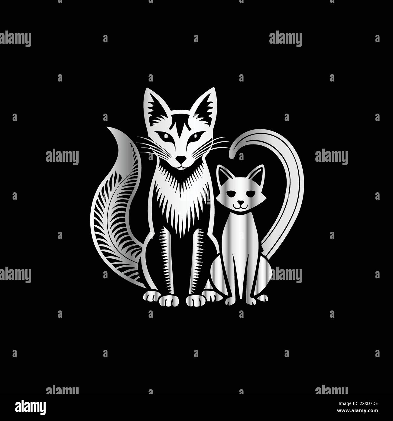 Cute fox and cat with heart on black background. Vector illustration ...