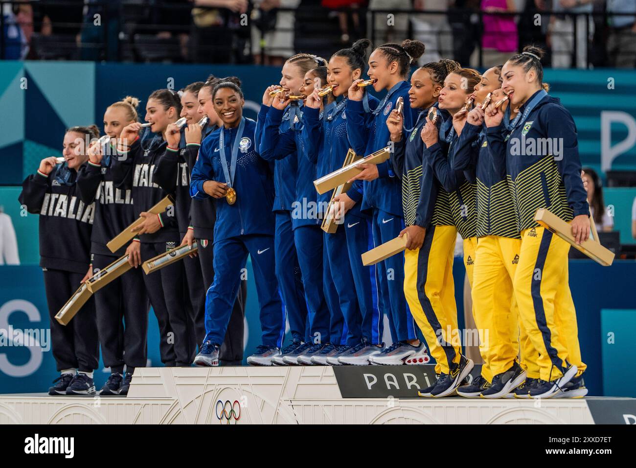 Gold Medal winning USA Women's Gymnatics Team All-around L-R Simone Biles, Jade Carey, Jordan ...