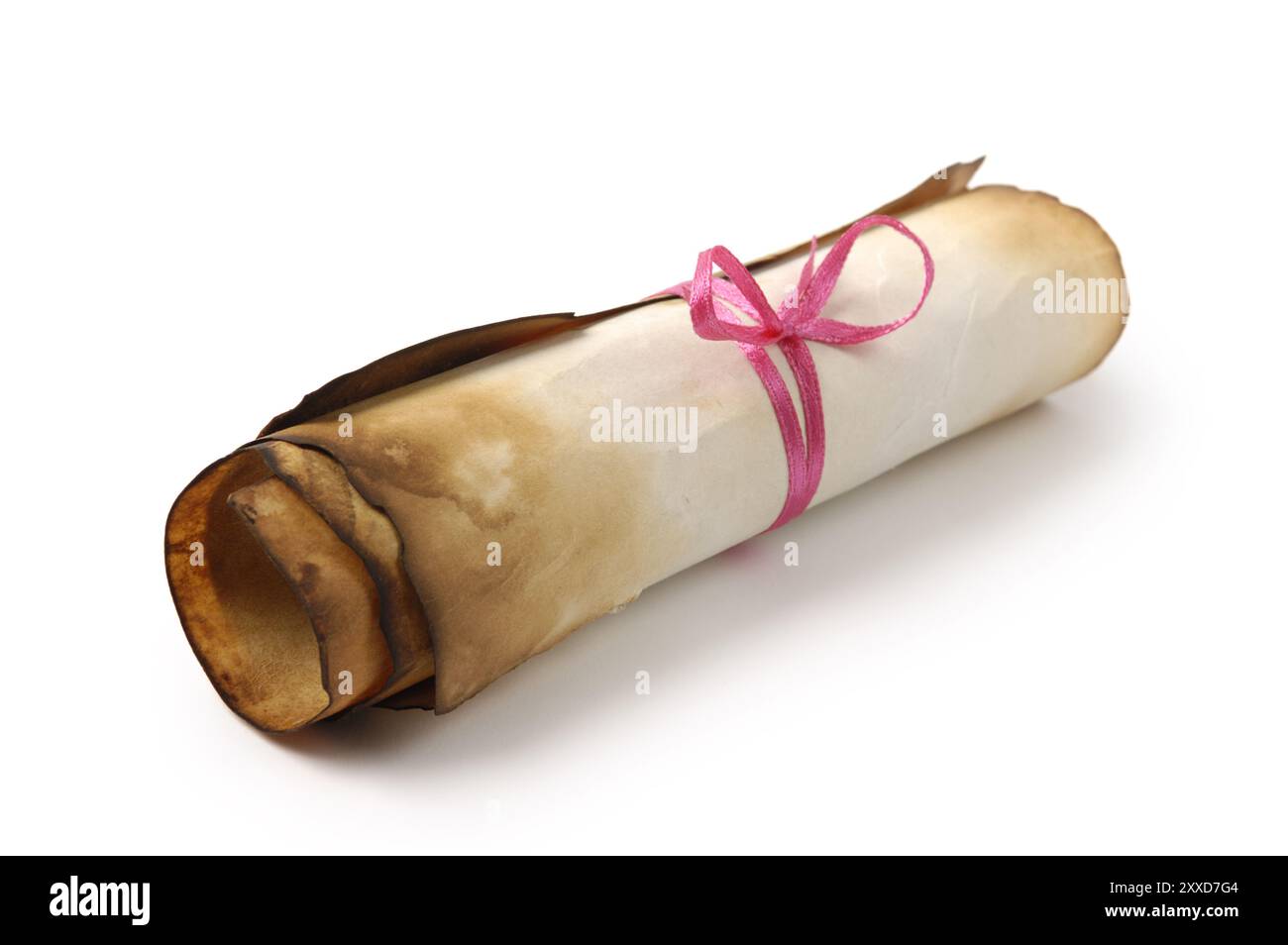 Roll of yellowish burnt vintage parchment tied with a red ribbon ...