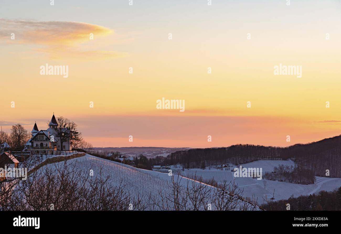 Landscape of sunrise over the the Austrian vineyards and the foggy in ...