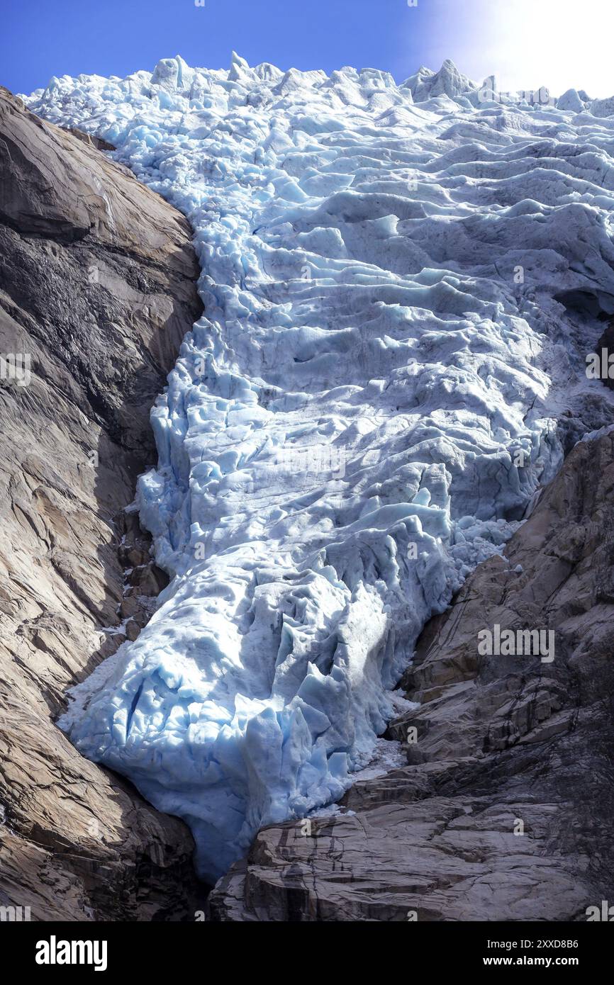 Briksdal or Briksdalsbreen glacier with melting blue ice, Norway nature ...