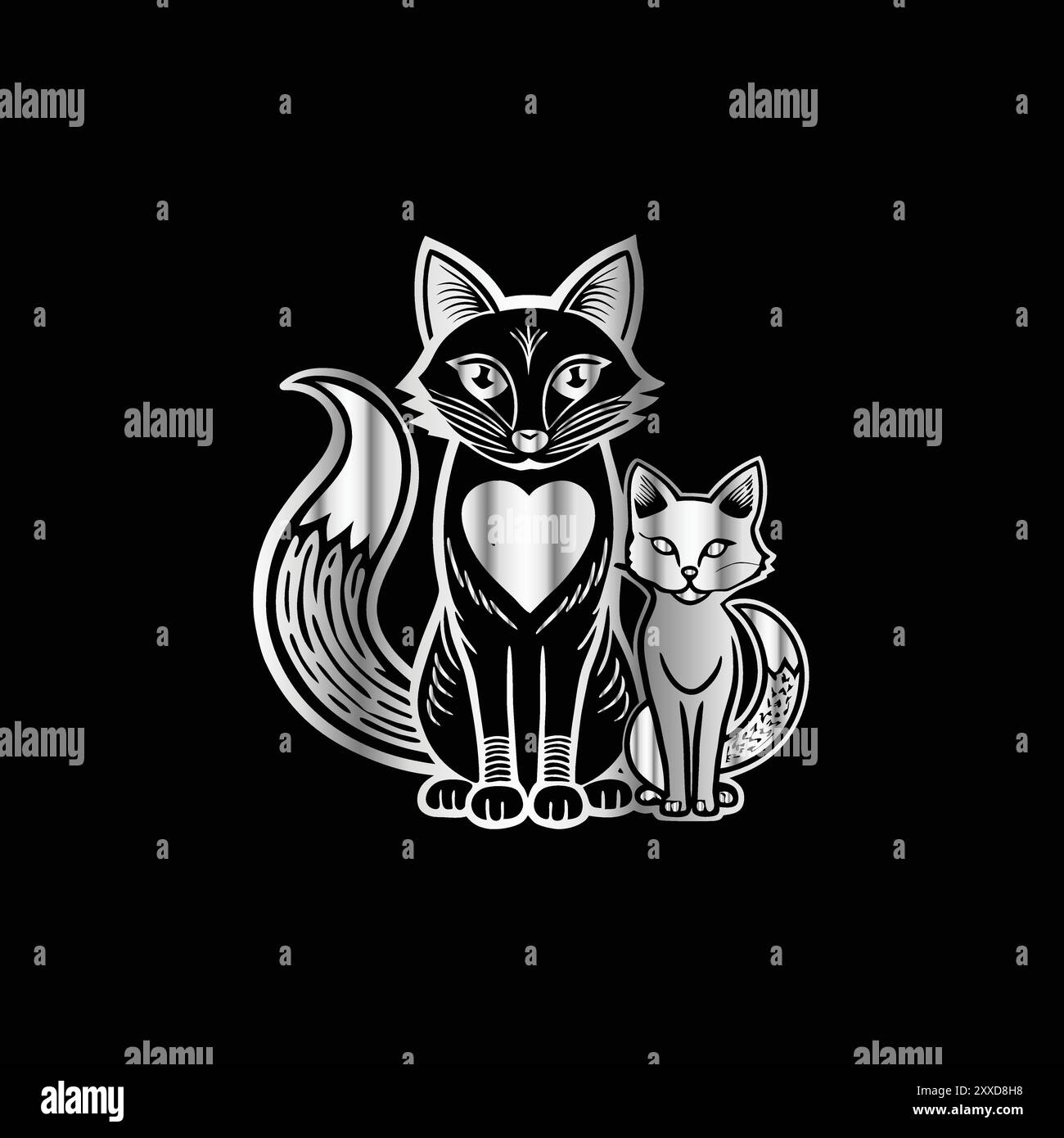 Cute fox and cat with heart on black background. Vector illustration ...