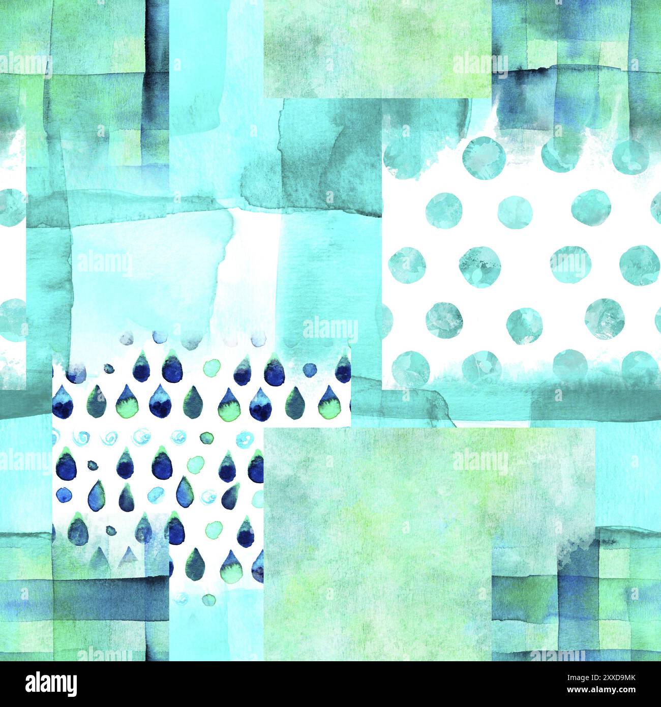 An abstract patchwork seamless pattern in teal blue, cool coloured ...