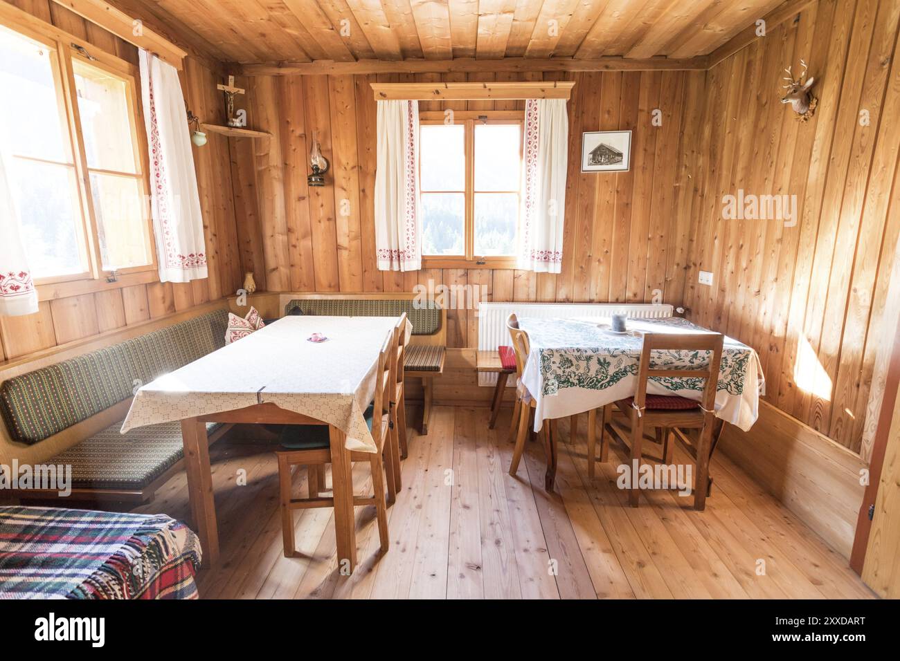 Inside of a rustic wooden hut or cabin, Austria, Europe Stock Photo - Alamy