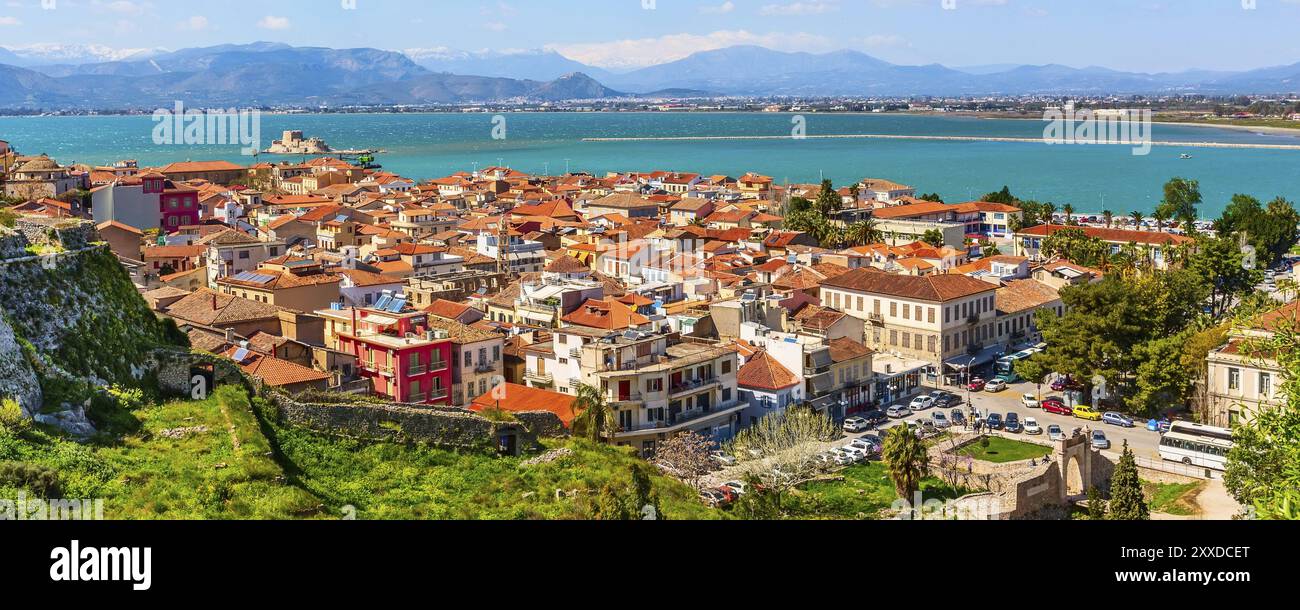 Nafplio or Nafplion, Greece, Peloponnese old town aerial panoramic ...