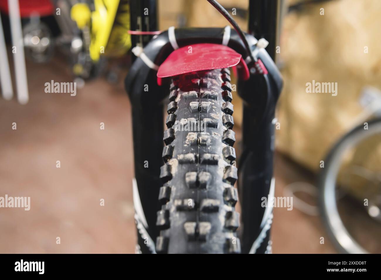 Mountain bike tire tread closeup at home workshop Stock Photo - Alamy