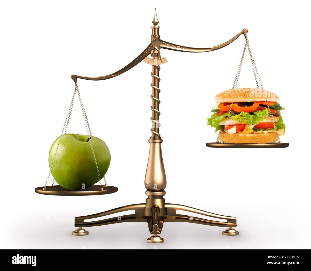Big green ripe apple and junk food hamburger on scales isolated white ...