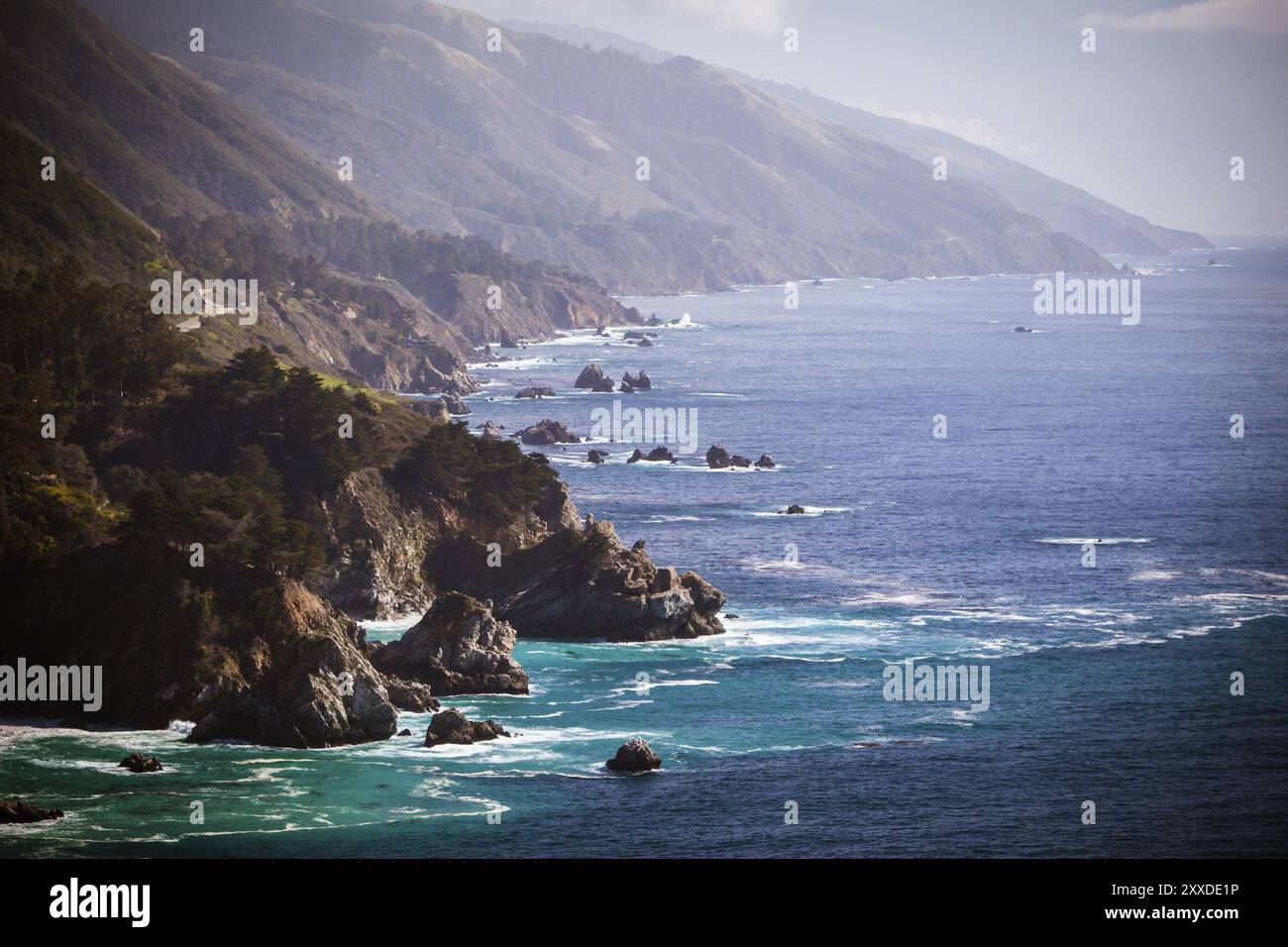 A view out to sea along Big Sur coastline in California, USA, North ...