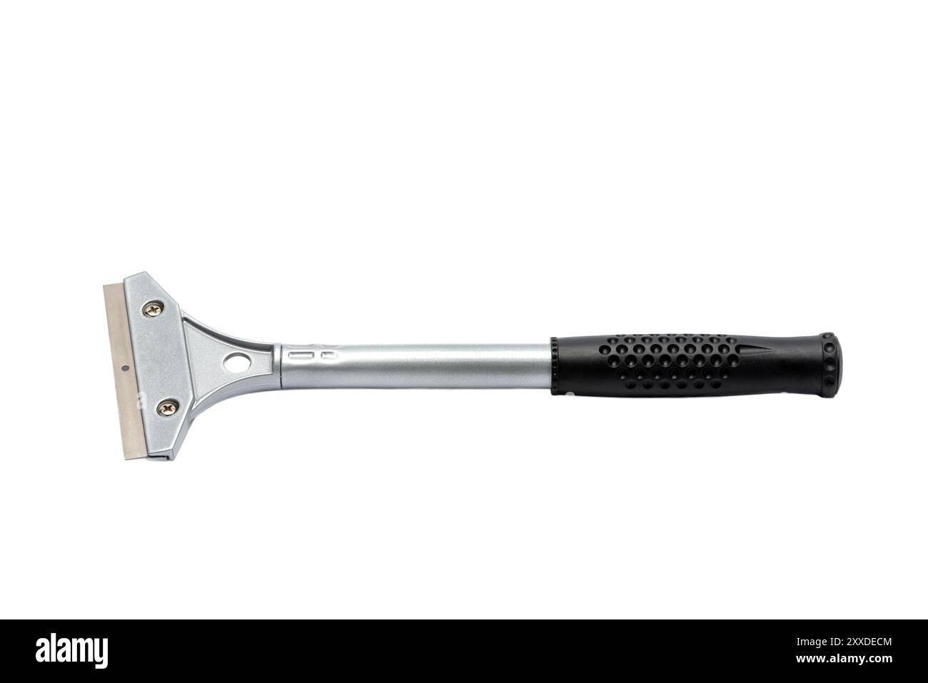 Metal wall paint scraper with black plastic handle isolated on white ...