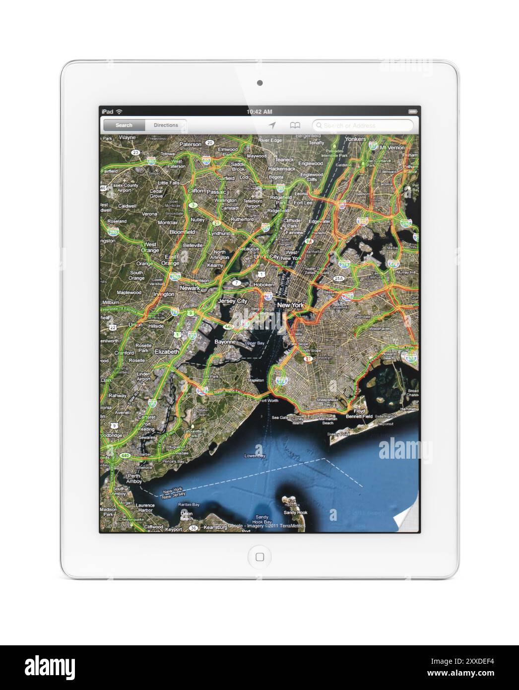 Apple iPad 2 tablet computer displaying a map of New York with traffic ...