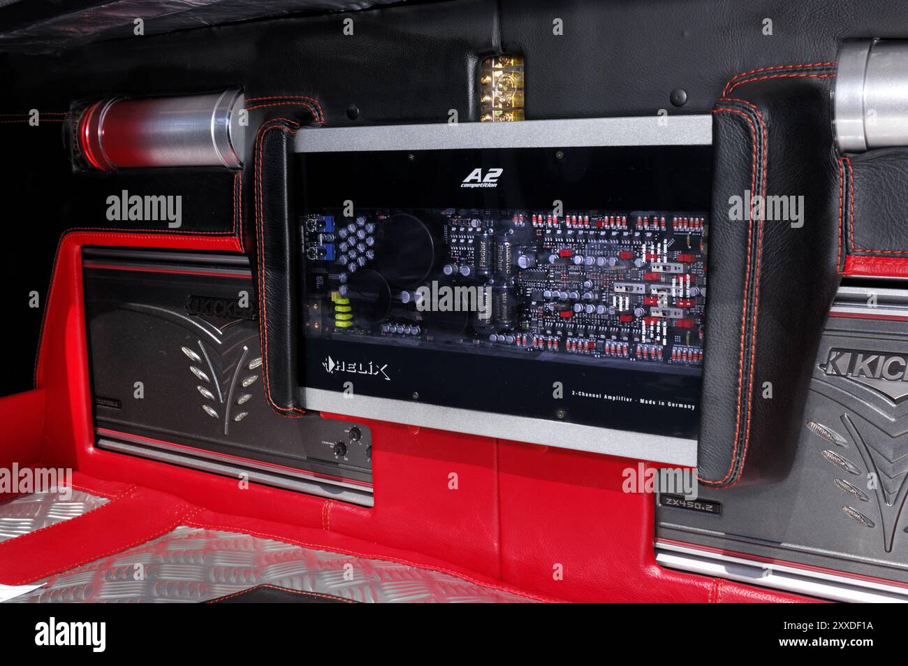 Powerful custom auto audio system amplifier in a trunk of a car Stock ...