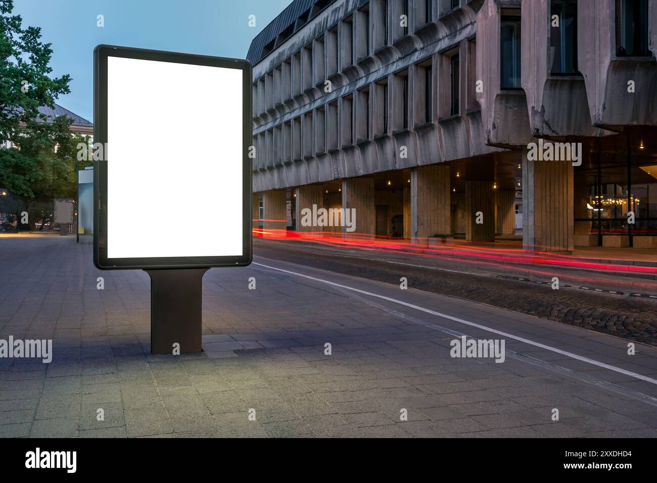 Street Billboard Mockup On Sidewalk At Night. Outdoor Advertising ...