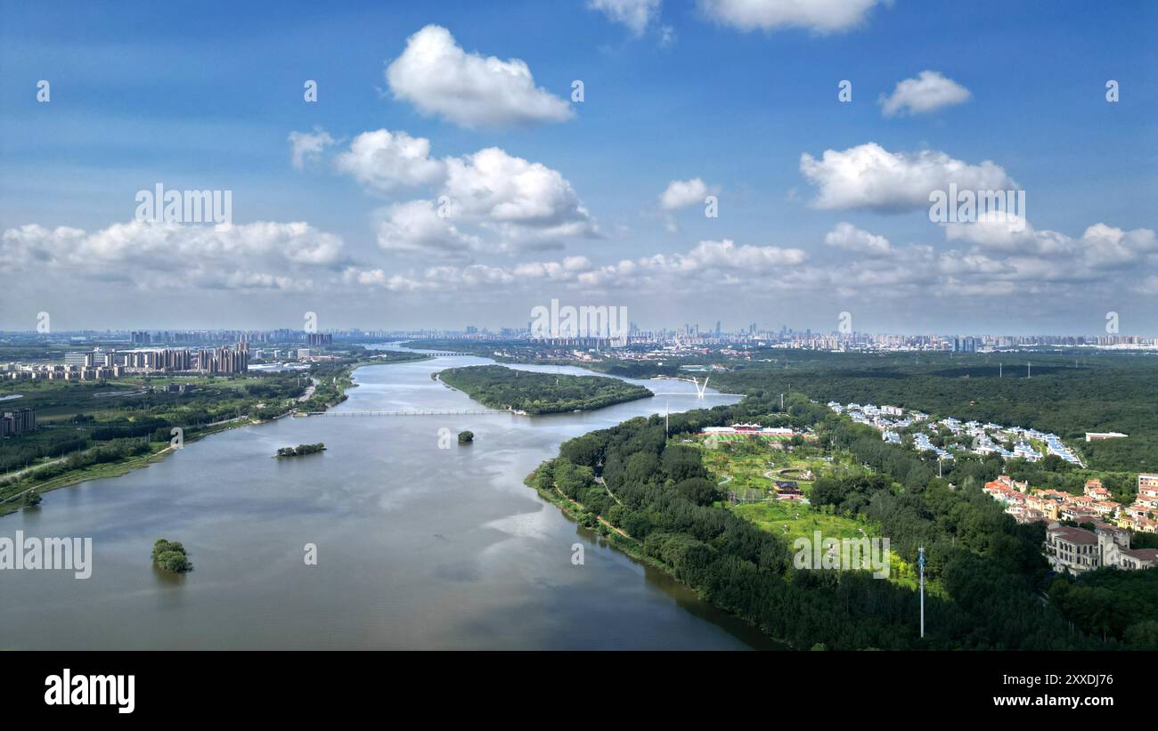 Aerial photo shows the early autumn scenery of Hun River in Shenyang ...