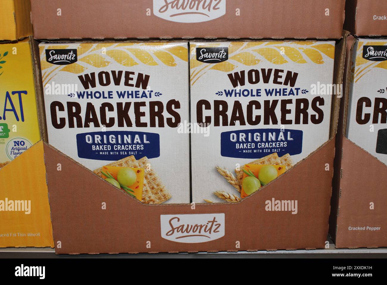 ALDI Savoritz woven whole Wheat Crackers in boxes on a shelf Stock ...