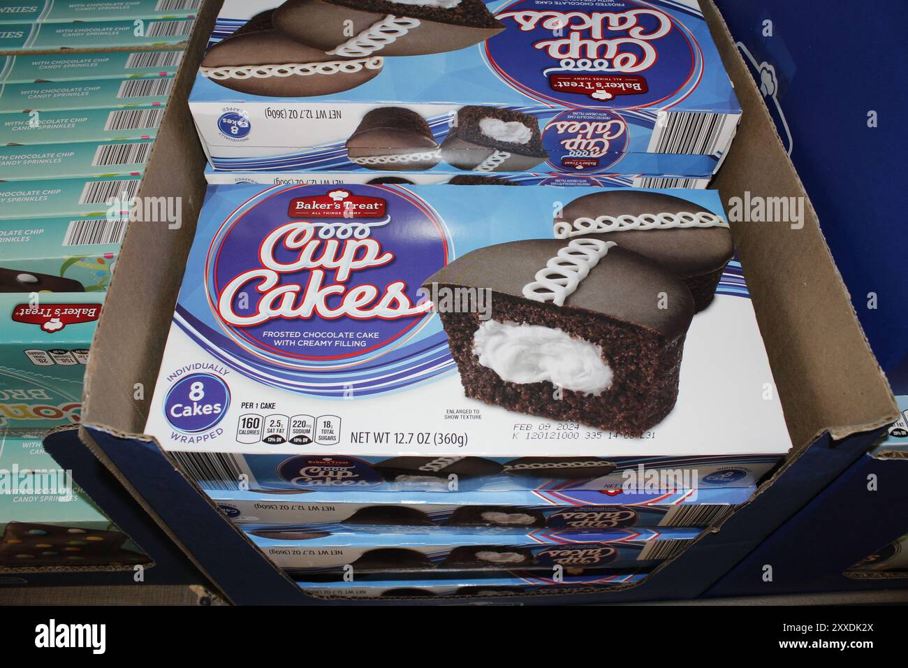 ALDI Bakers Treat Cup Cakes shot closeup in boxes on a shelf Stock ...