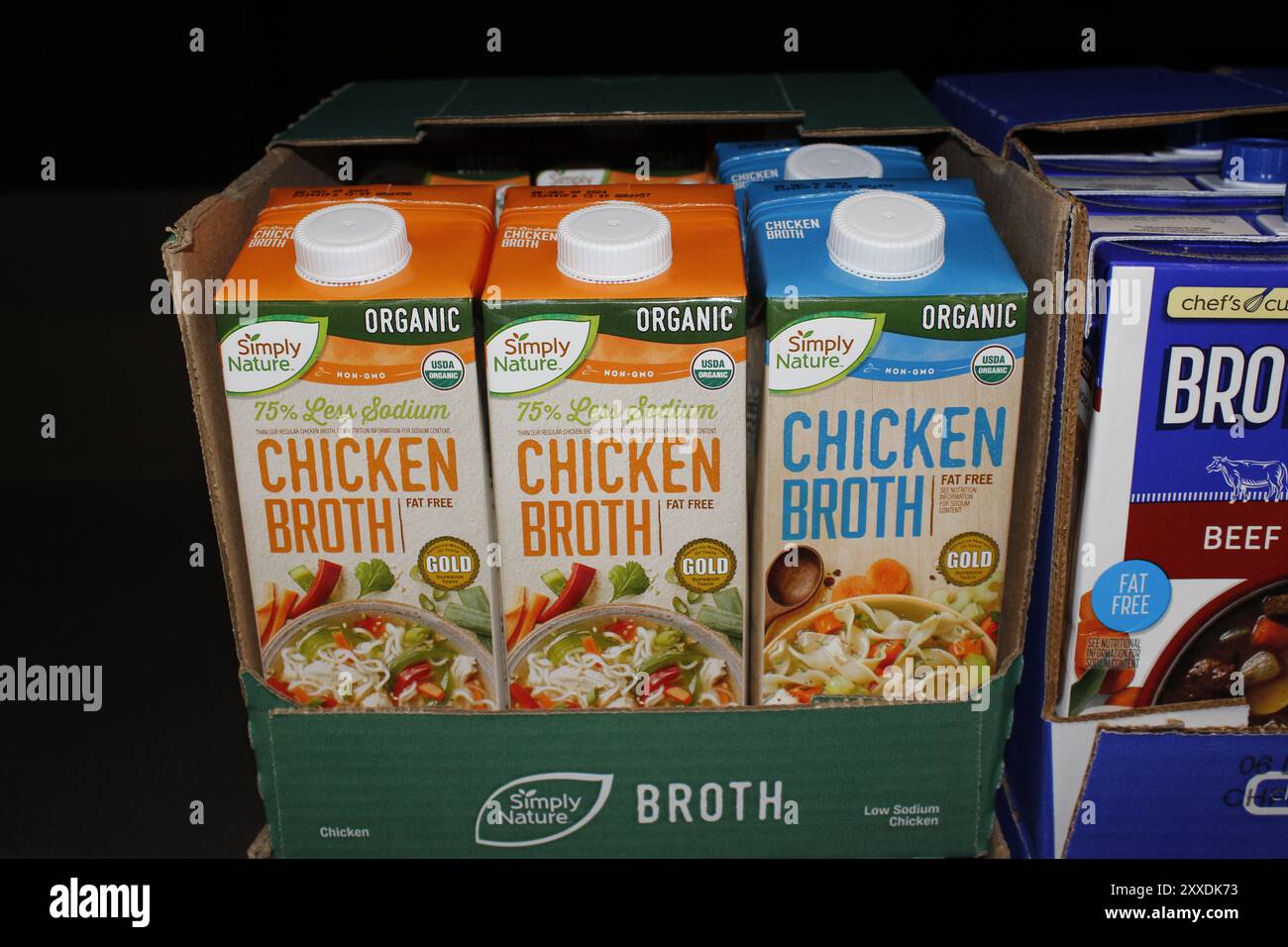 ALDI ORGANIC CHICKEN BROTH in boxes on a shelf shot closeup Stock Photo ...