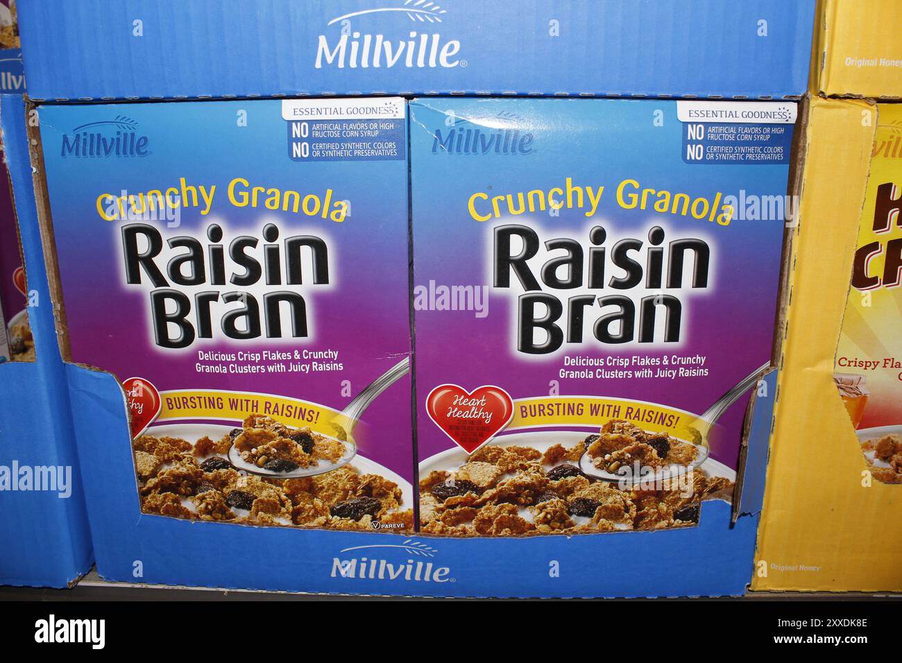ALDI Millville Crunchy Granola RAISIN BRAN in boxes closeup on a shelf ...