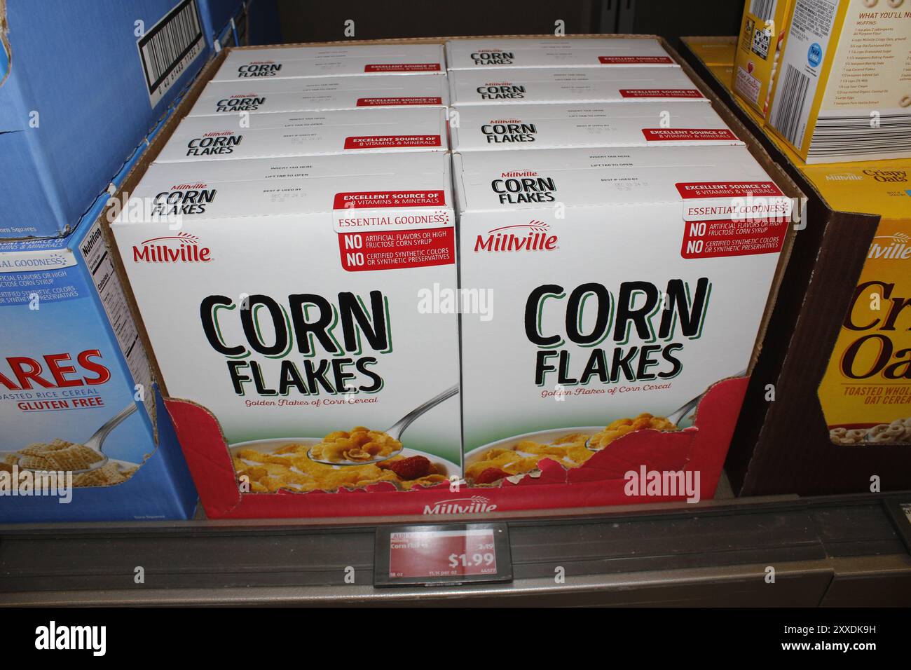 ALDI Millville Corn Flakes in boxes on a shelf closeup Stock Photo - Alamy