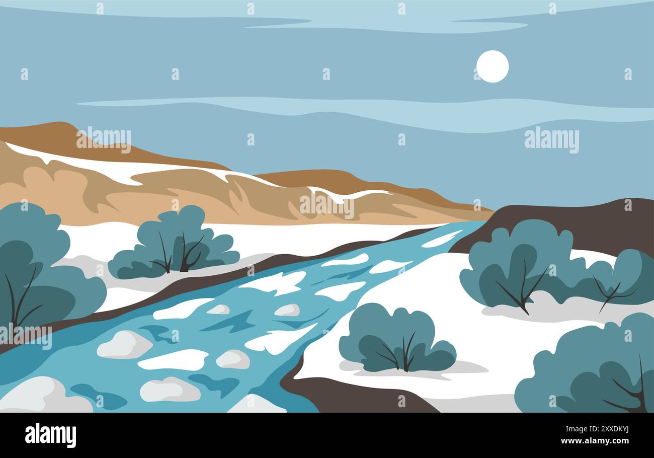 Snowy landscape river trees Stock Vector Images - Alamy