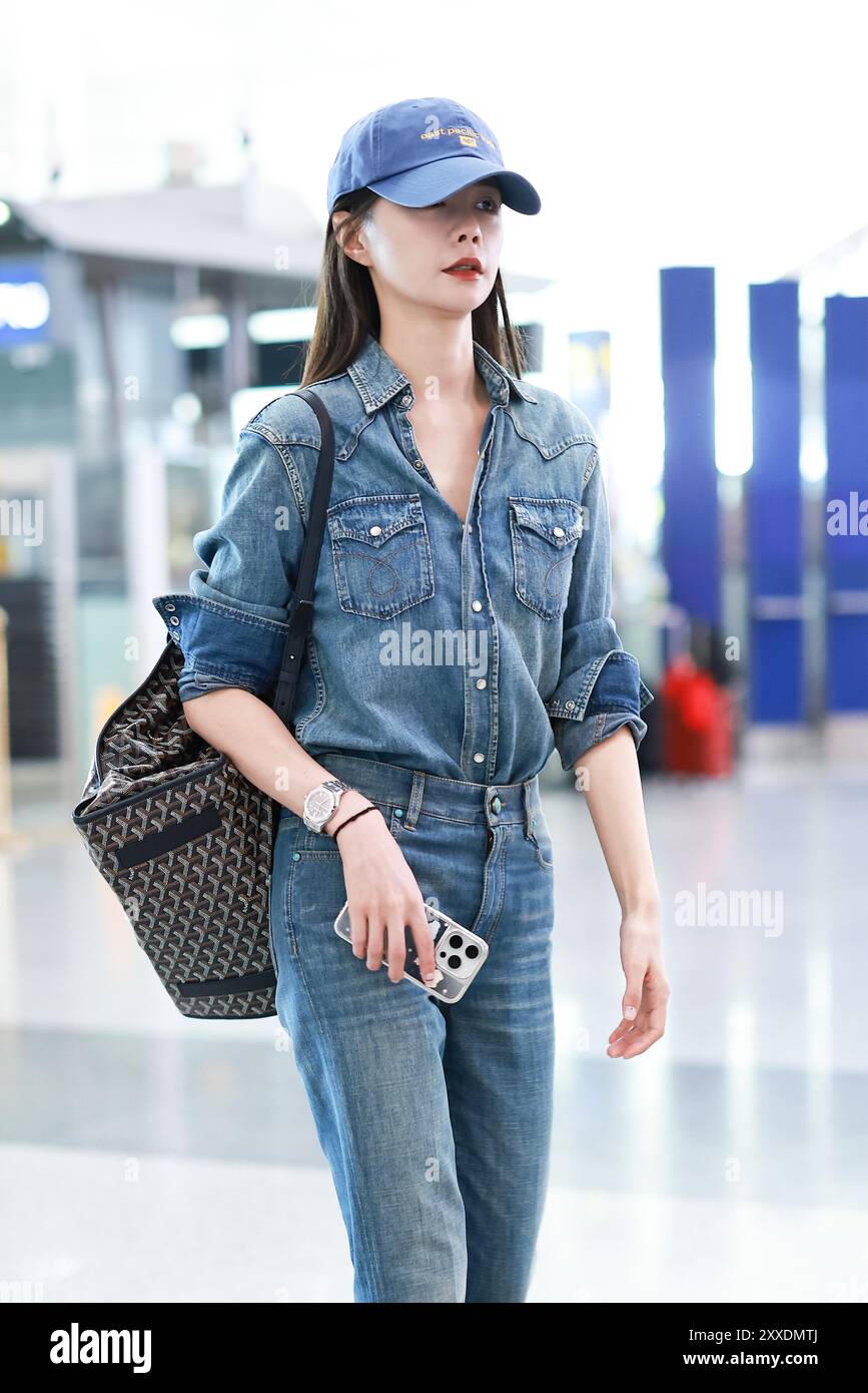 Chinese actress, host, and model Shen Mengchen appears at the airport in Beijing, China. 21st ...