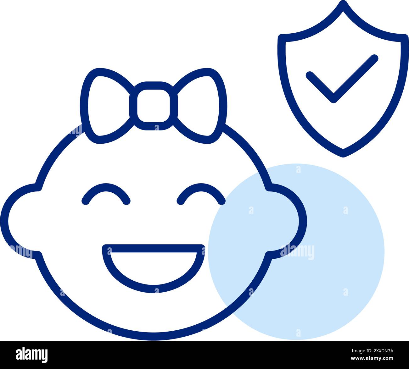 Happy baby girl, security shield and checkmark. Children safety and ...