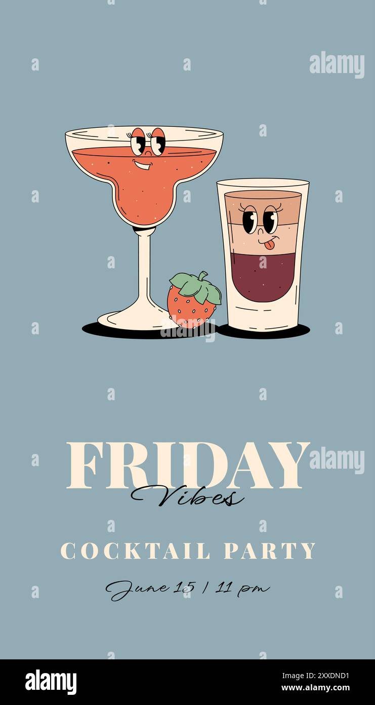 Retro Groovy Party Invitation. Funky cocktail characters strawberry ...
