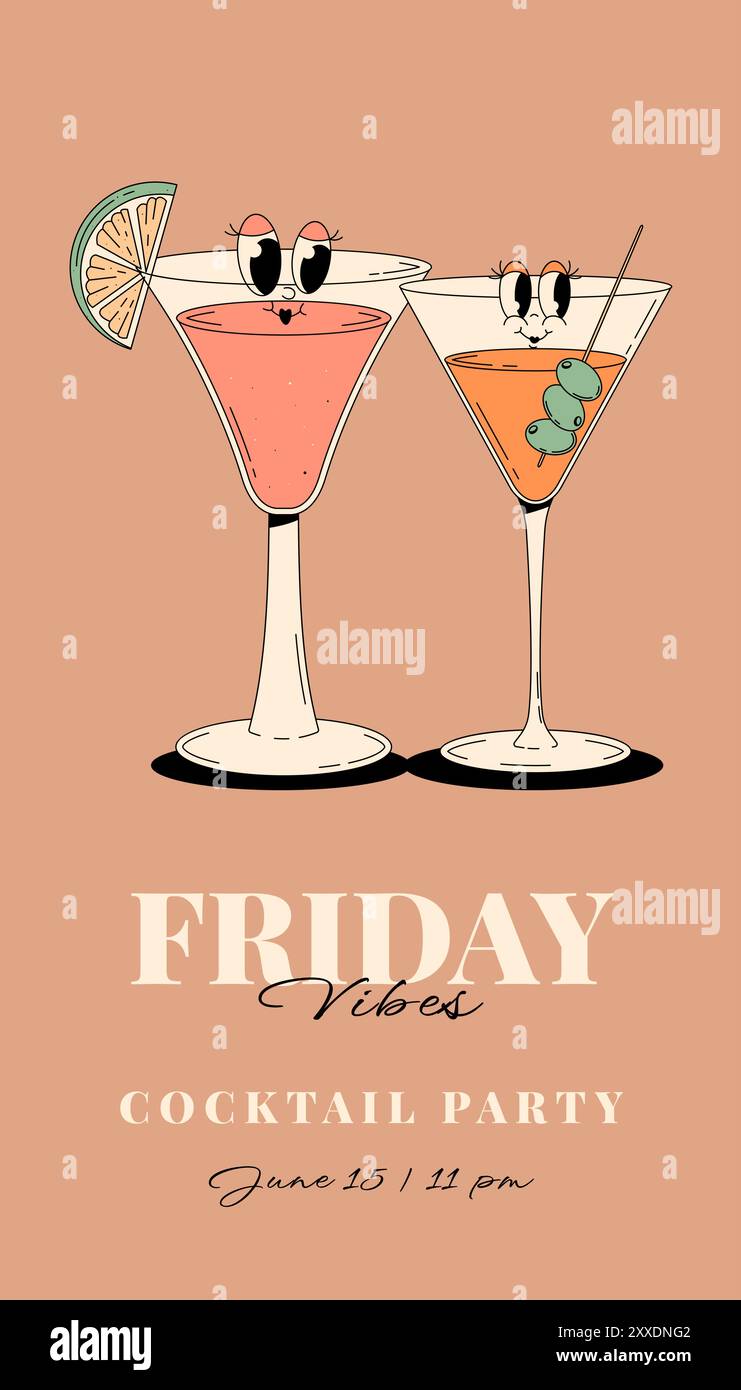 Retro Groovy Party Invitation. Funky cocktail characters cosmopolitan ...