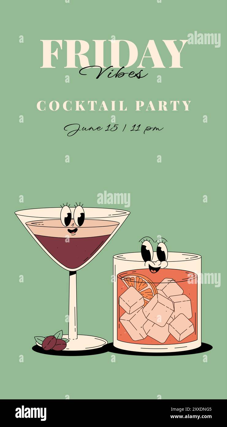Retro Groovy Party Invitation. Funky cocktail characters Tini espresso ...