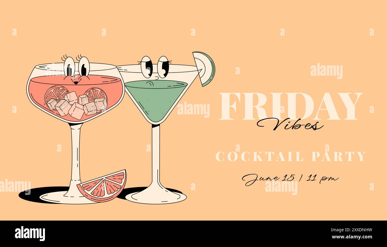 Retro Groovy Party Invitation. Funky cocktail characters pink ...