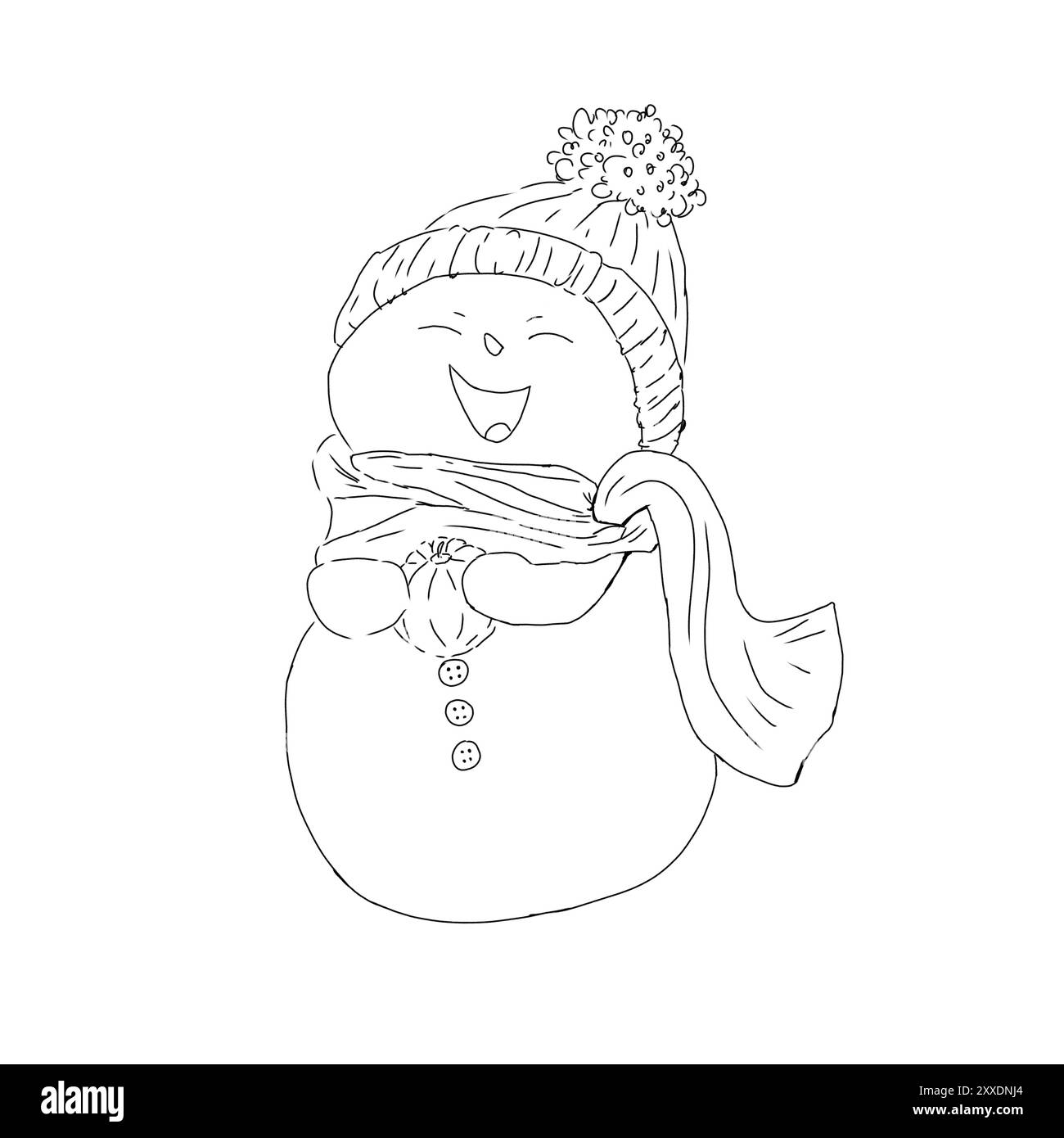 Laughing snowman in a warm scarf and hat holds a tangerine in his hands ...