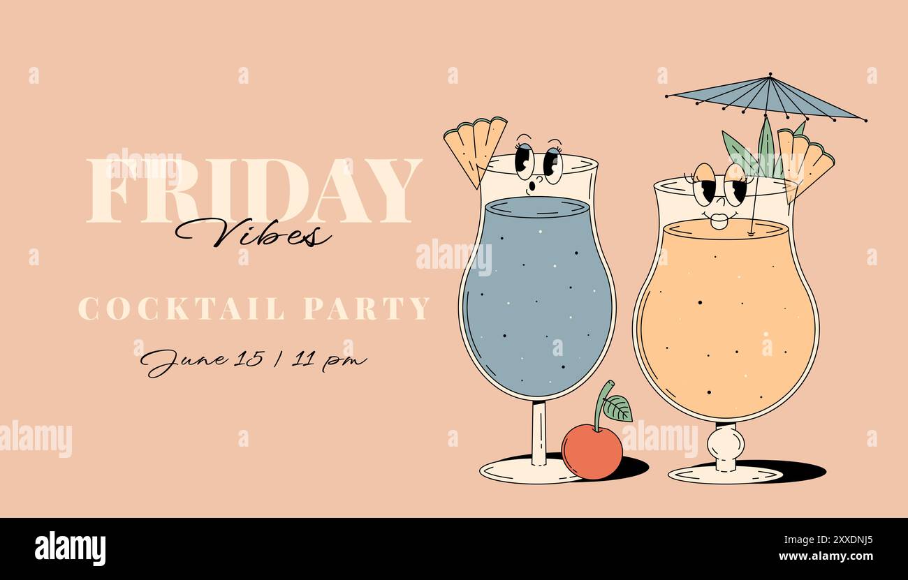 Retro Groovy Party Invitation. Funky cocktail characters pina colada ...