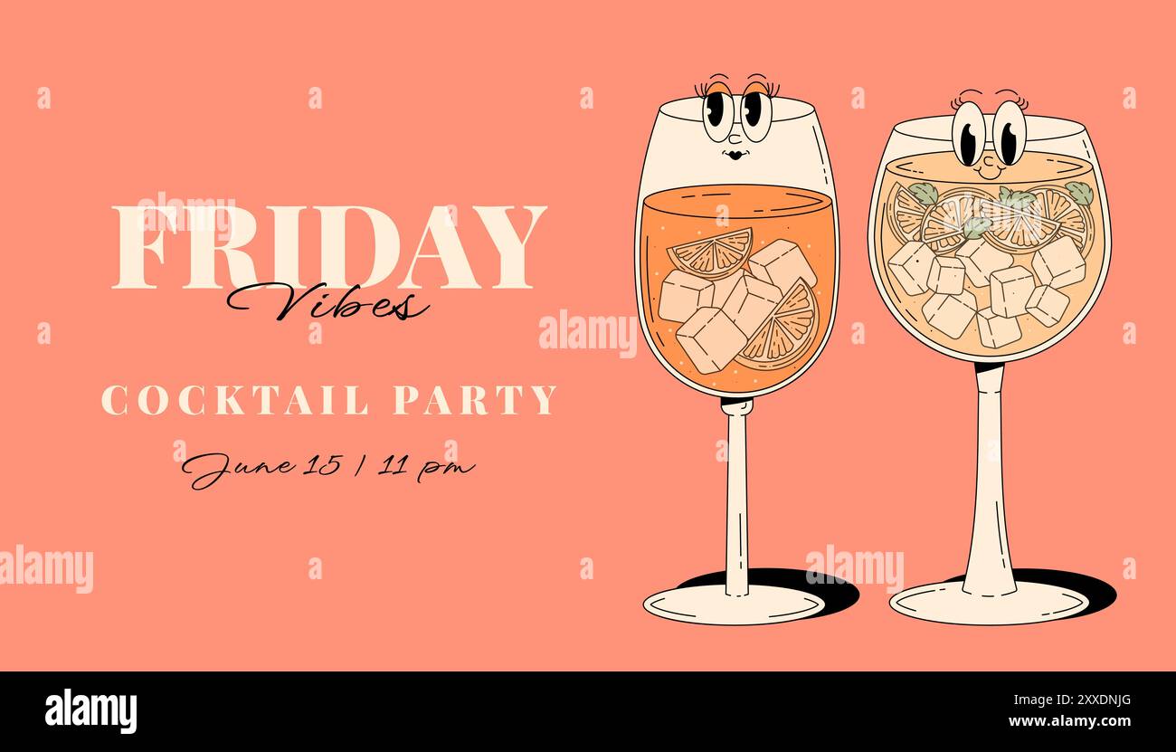 Retro Groovy Party Invitation. Funky cocktail characters aperol spritz ...