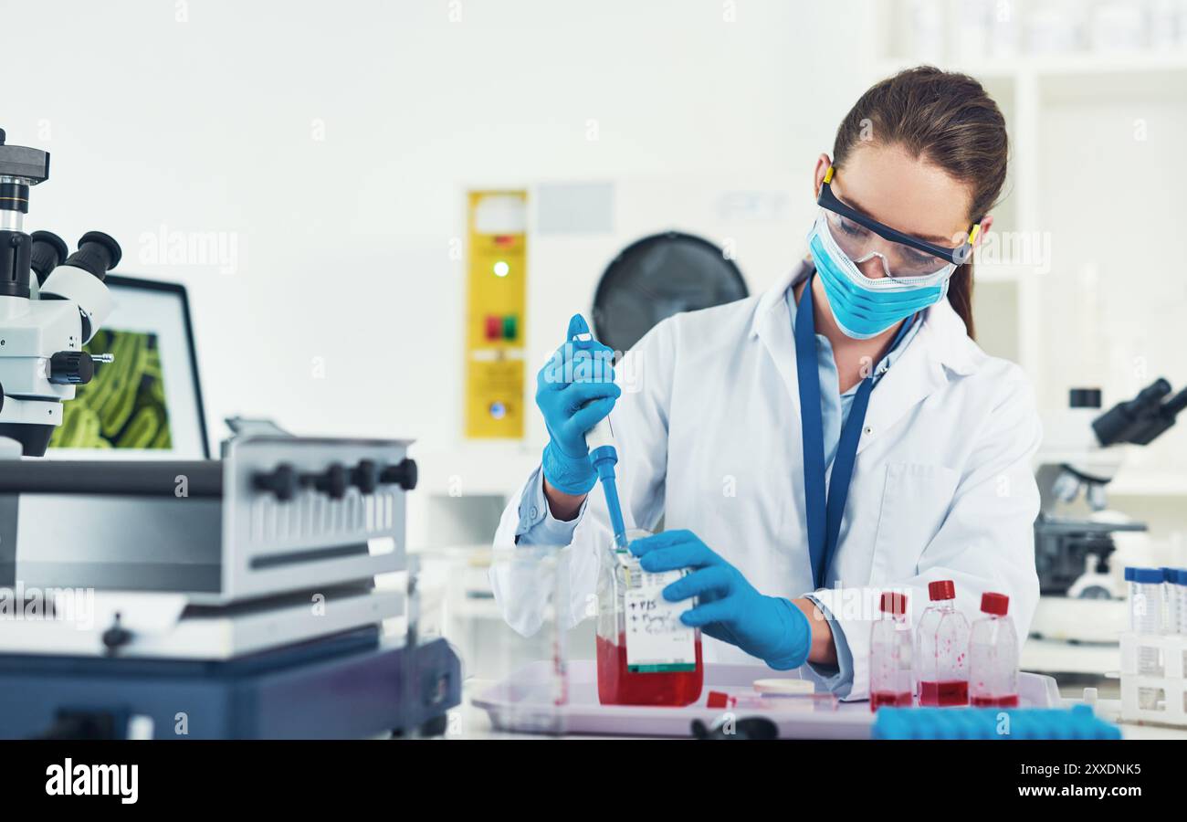 Blood sample, woman and laboratory with chemical testing, research and ...