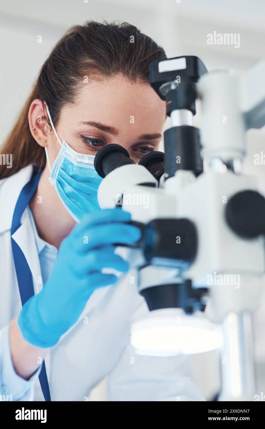 Microscope, scientist and innovation in research laboratory for medicine, biology and ...