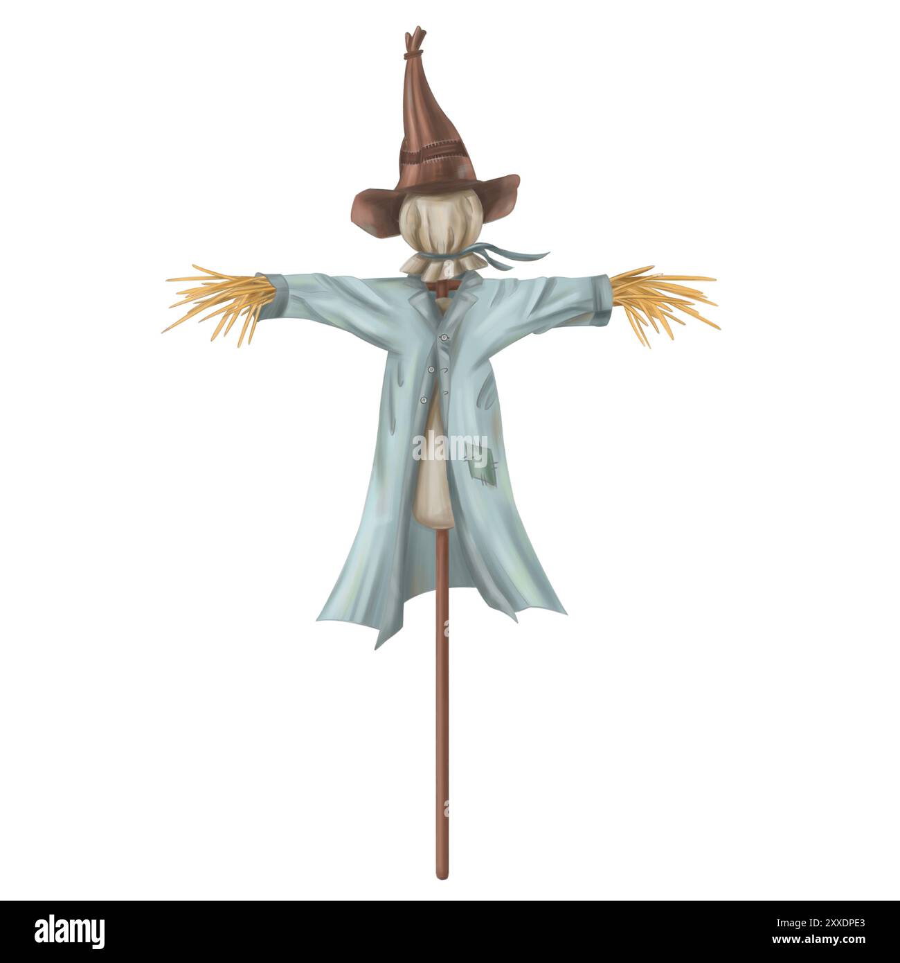 A scarecrow in a blue raincoat and hat. Halloween decoration of the ...