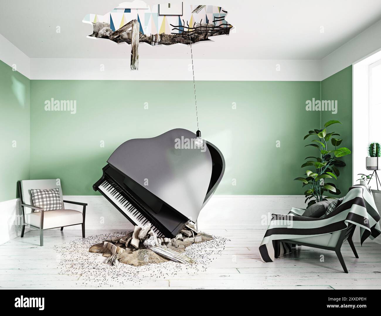 broken ceiling and falling piano. 3d rendering concept Stock Photo - Alamy