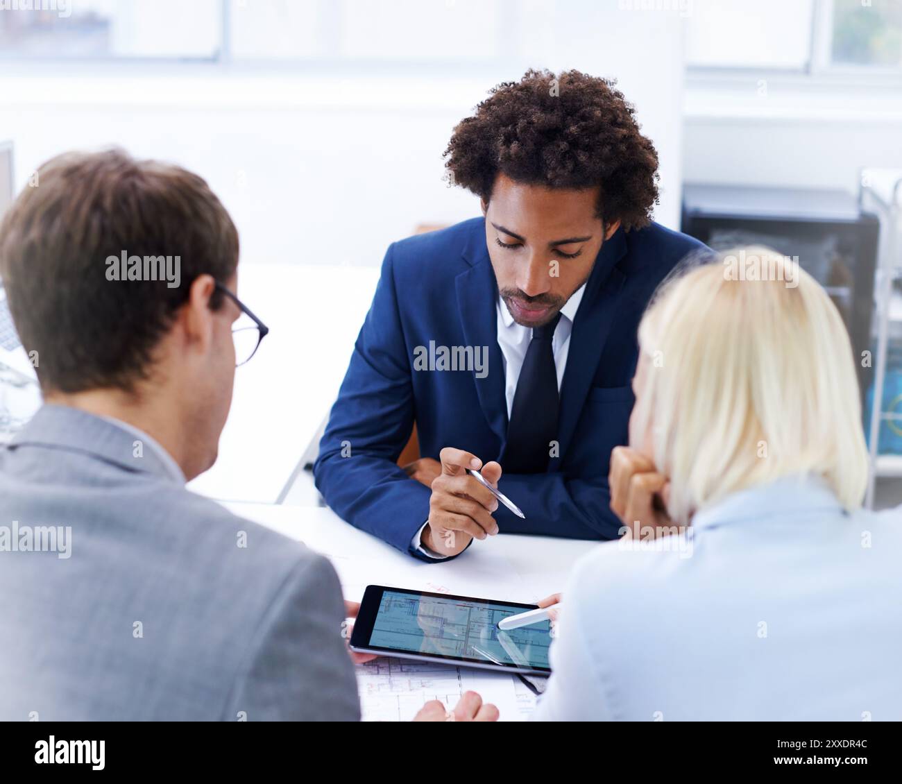 Tablet, blueprint development or business people planning ideas in ...