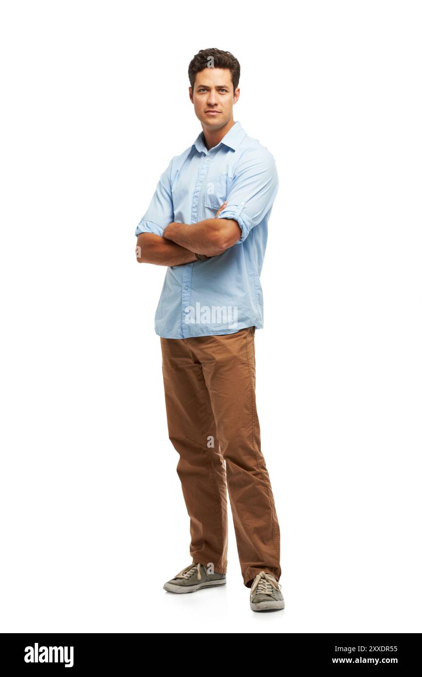 Serious, man and fashion in studio with arms crossed on white ...