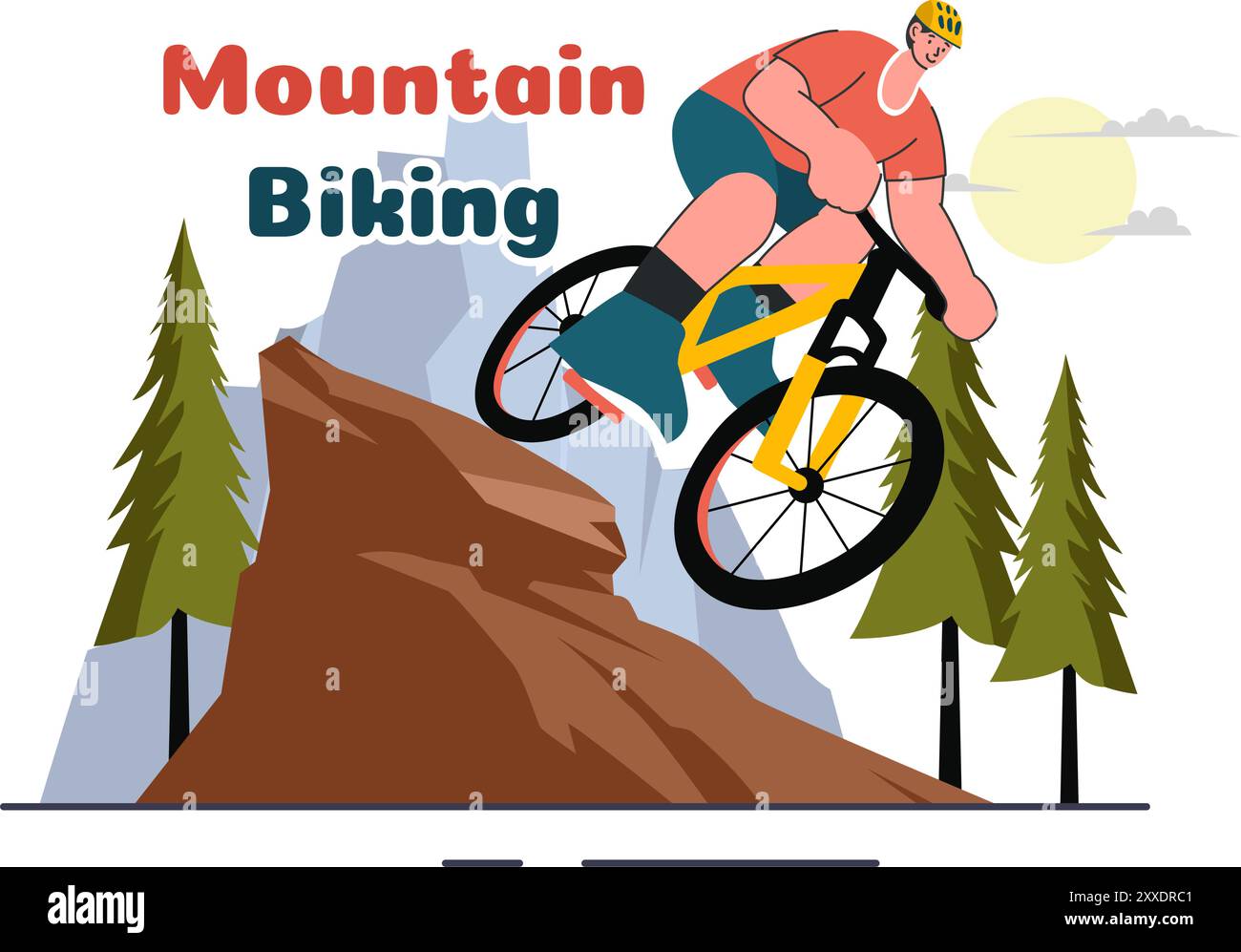 Mountain Biking Vector Illustration featuring Cyclists Riding Down the ...