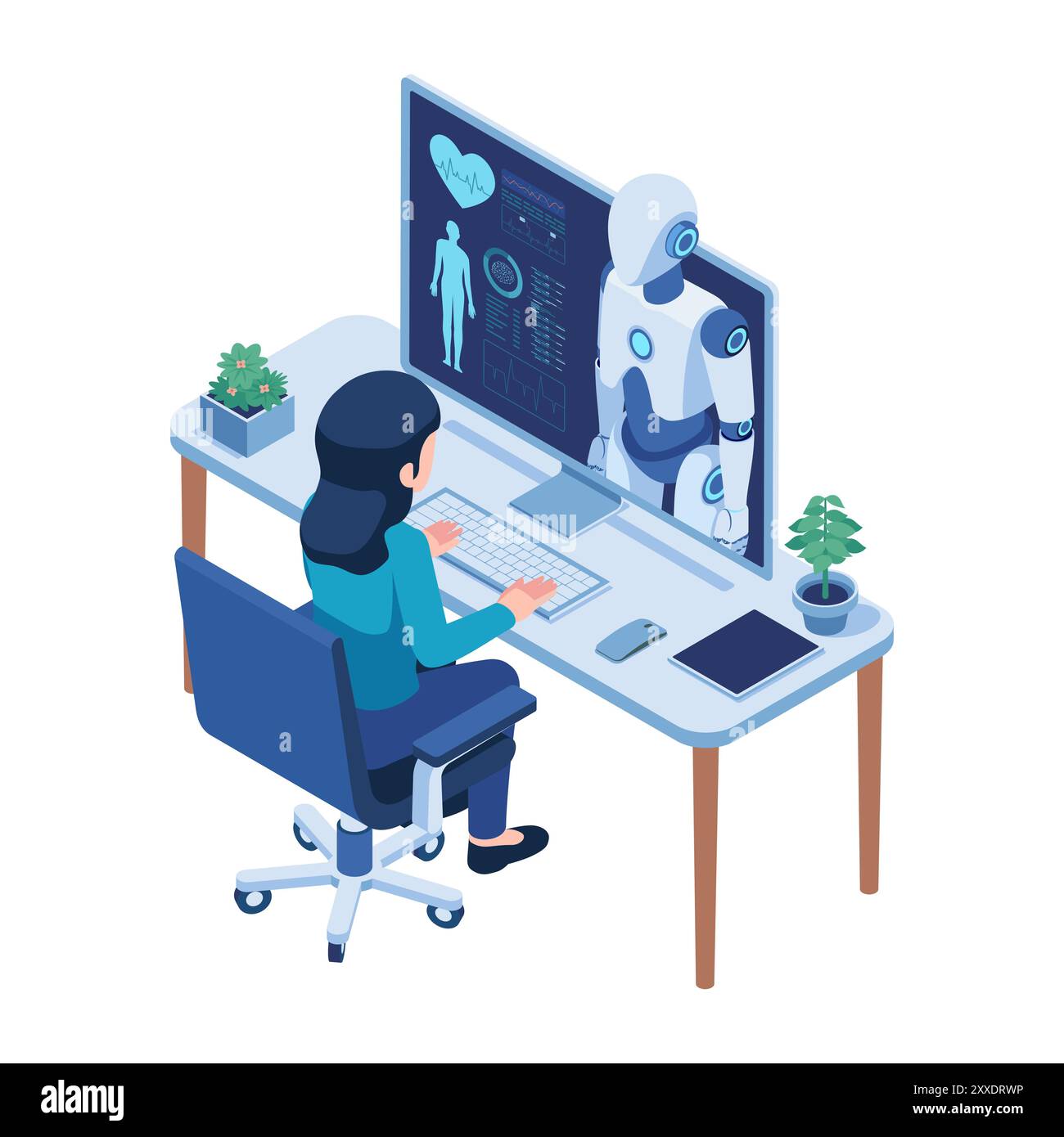 Isometric Woman Consult with an Advanced Healthcare AI Robot Online. AI ...