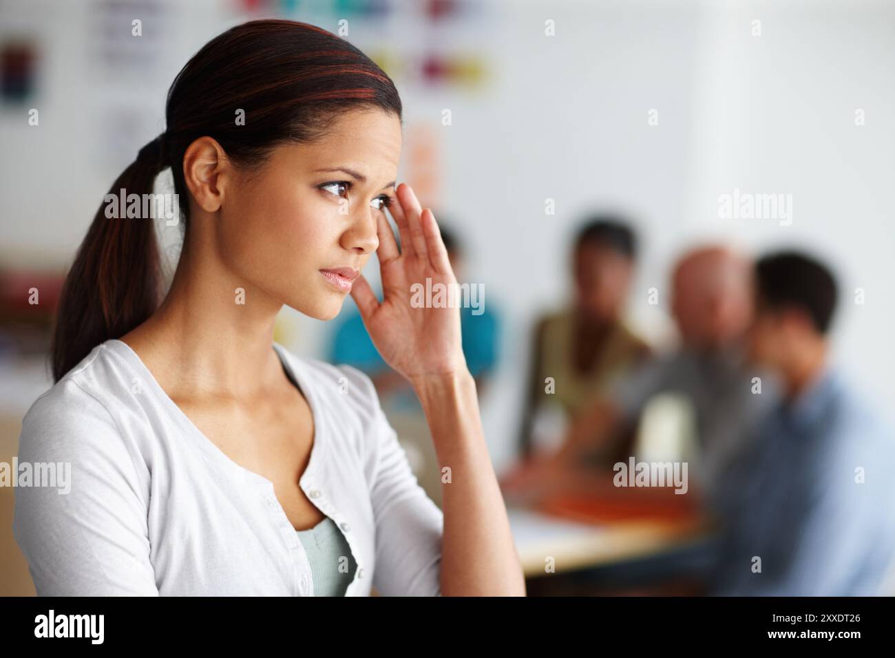 Woman, headache and thinking at startup, meeting and pain with massage ...