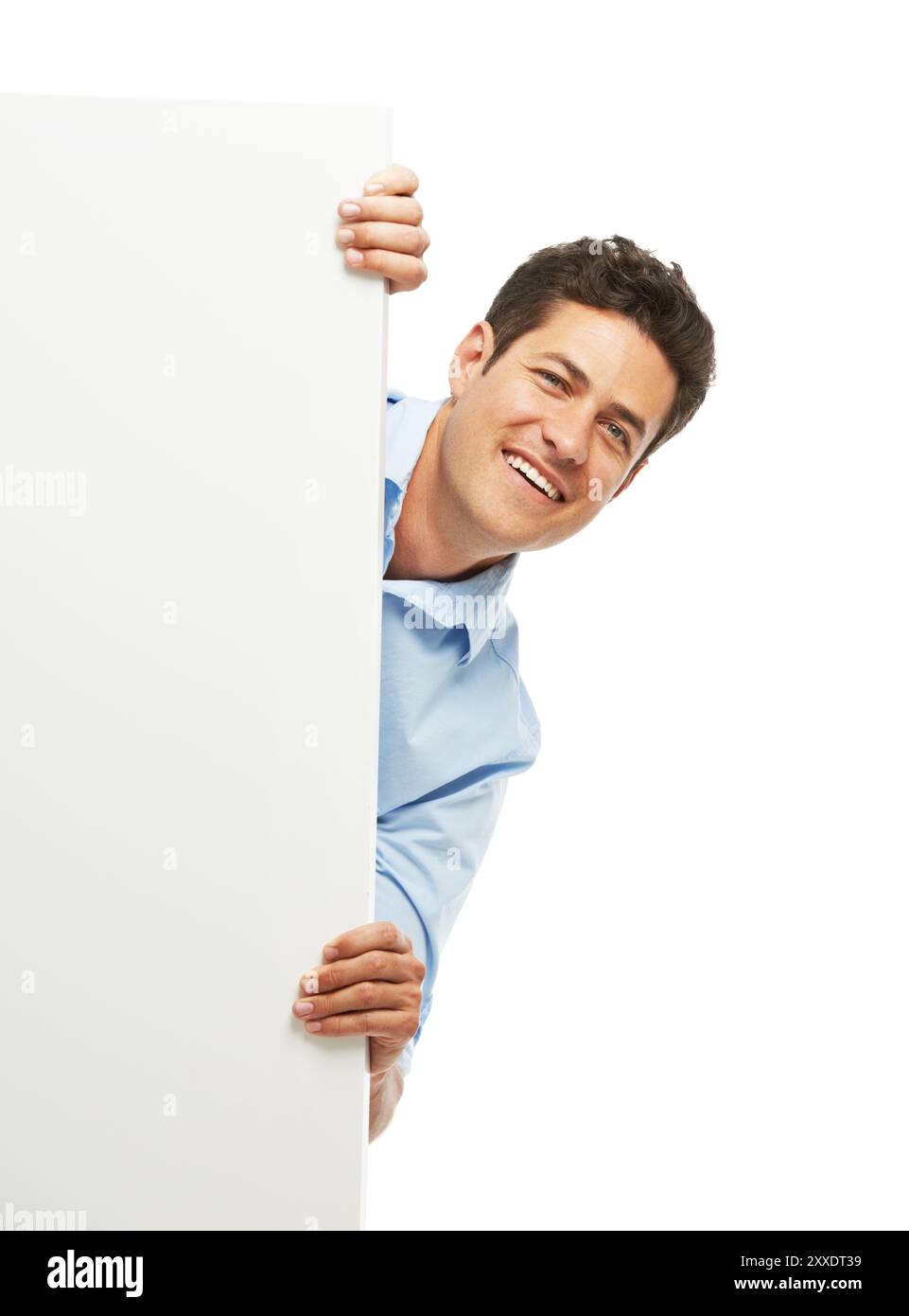 Portrait, happy man and poster sign for advertising, mockup or space ...