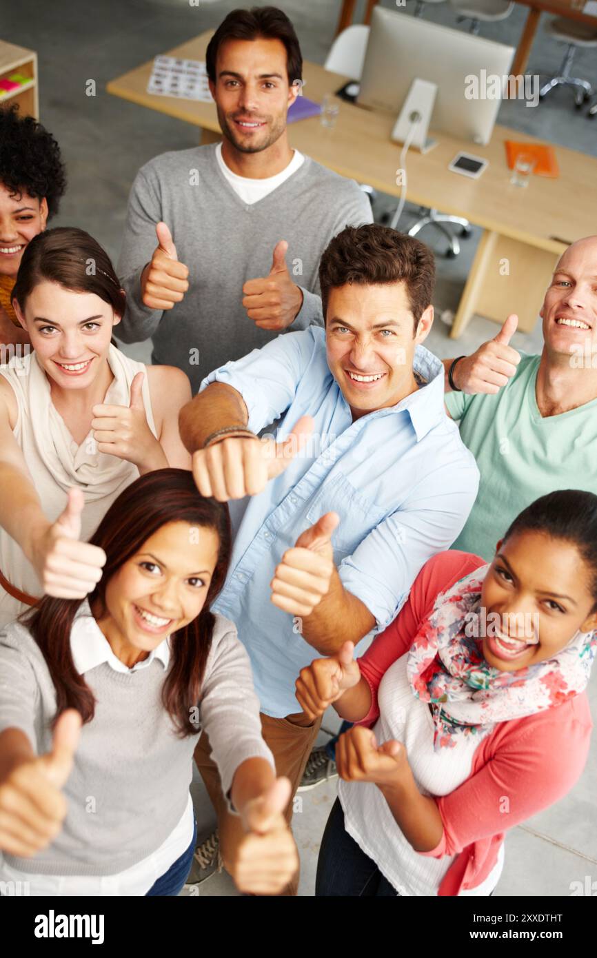 Happy, business people and portrait with thumbs up above for good job, well done or positive ...