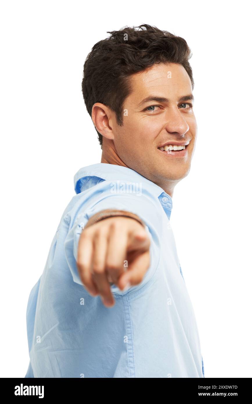 Studio, man and portrait pointing at you for opportunity, choice review ...