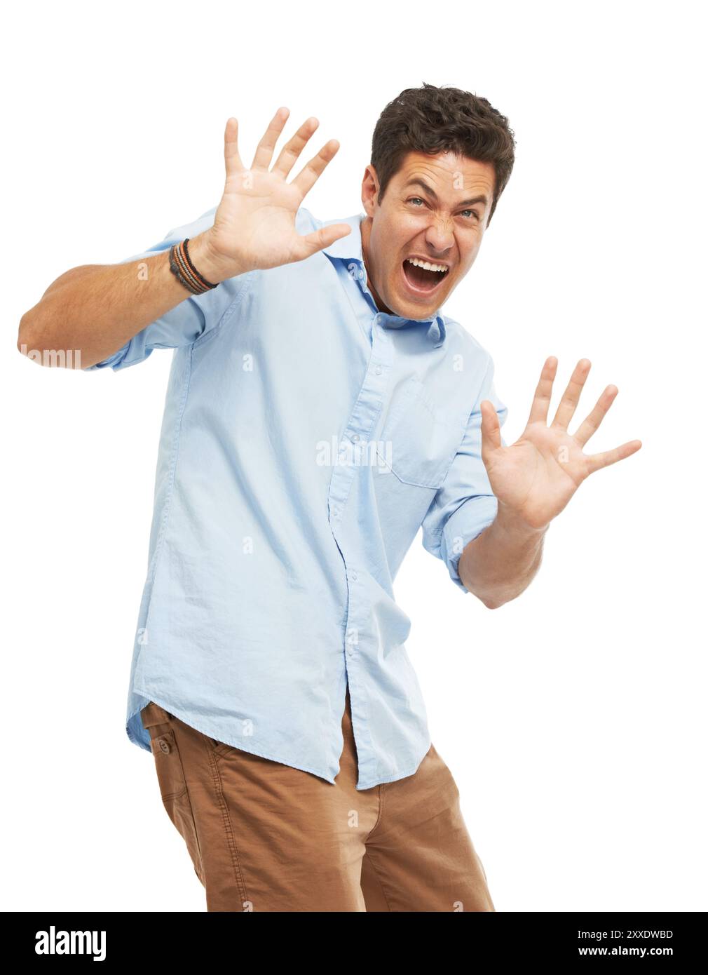Danger, fear and protection with palms of man in studio isolated on white background for ...