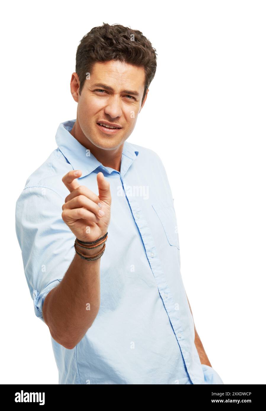 Little, portrait and small hand gesture of man in studio on white ...