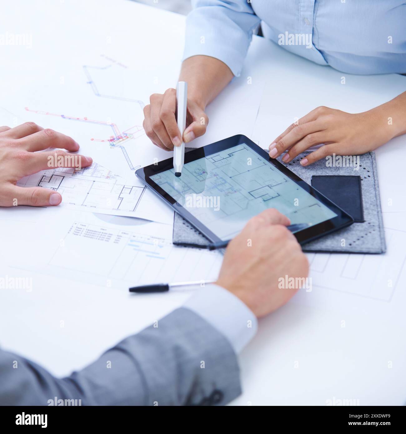 Tablet Blueprint Screen Or Hands Of People In Meeting For Planning Or Engineering Project