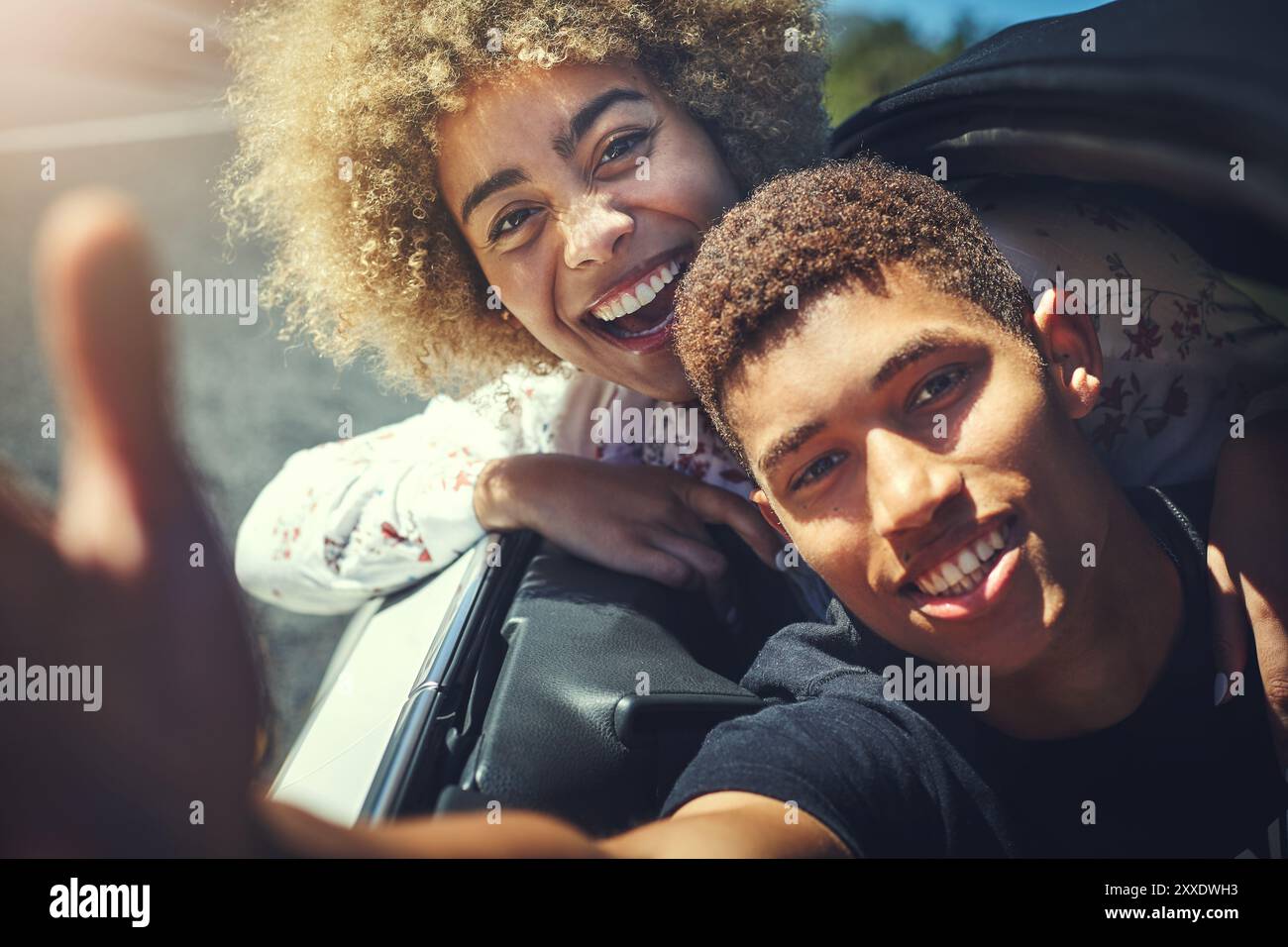 Couple, selfie and smile on road trip with portrait, love and adventure ...