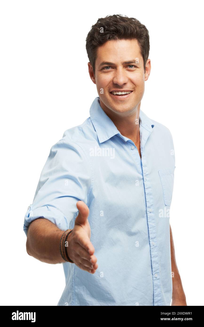Handshake, interview and portrait of business man on white background ...