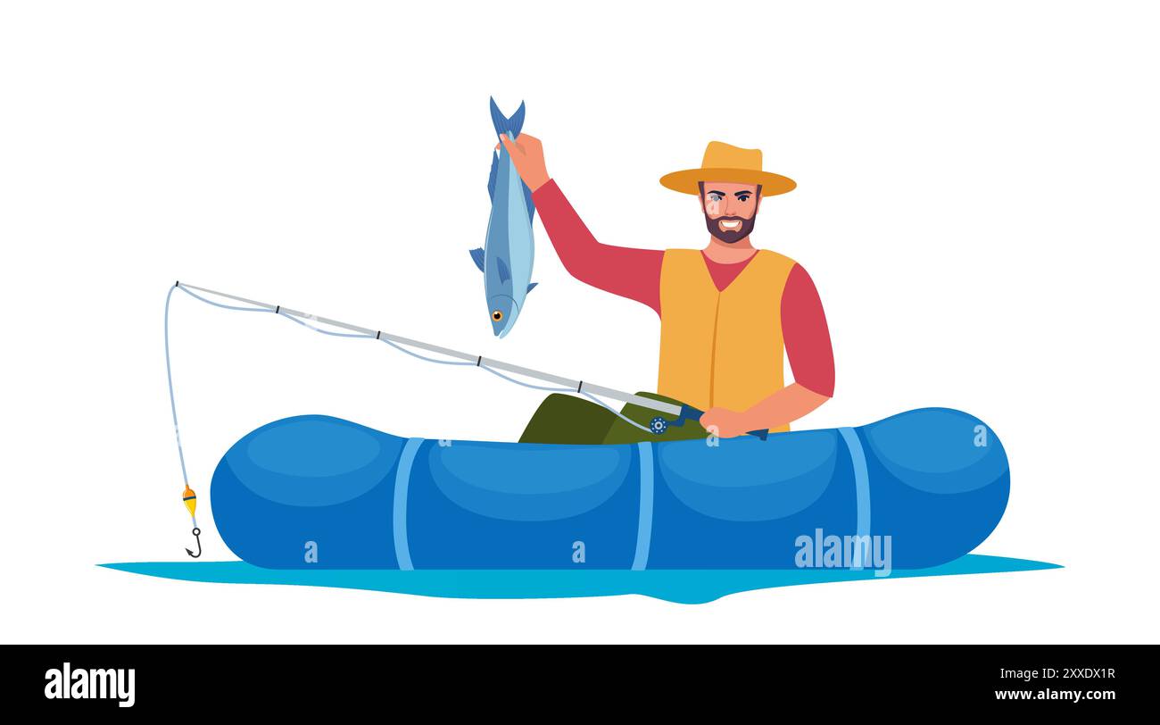 Man fishing. Fisherman at lake or river. Man in vest and hat. Guy in ...